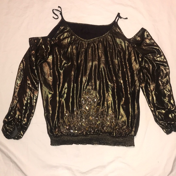 Tops | Tie Shoulder Beaded Front Gold Woven Top | Poshmark